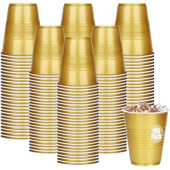 100 Pack Gold Plastic Cups 12 oz, Disposable Cups for Party, Heavy Duty ...