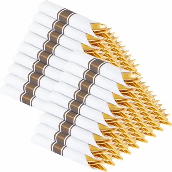 100 Pack Gold Plastic Silverware,Pre Rolled Silverware Set Disposable ...
