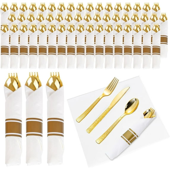 100 Pack Gold Plastic Silverware, Pre Rolled Silverware Set Disposable ...
