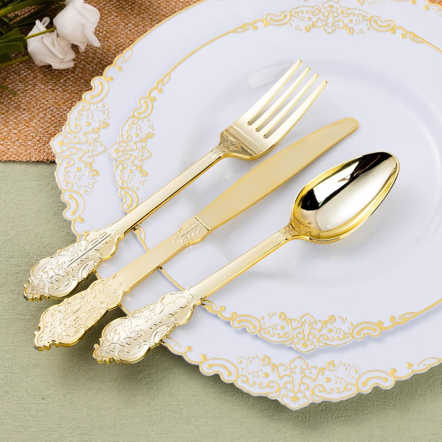 100 Pack Gold Plastic Silverware with Pre Rolled Napkins for 100 Guests ...