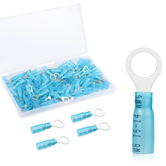 100 Pack Heat Shrink Ring Terminals - 5/16" - Blue 16-14 AWG Marine ...