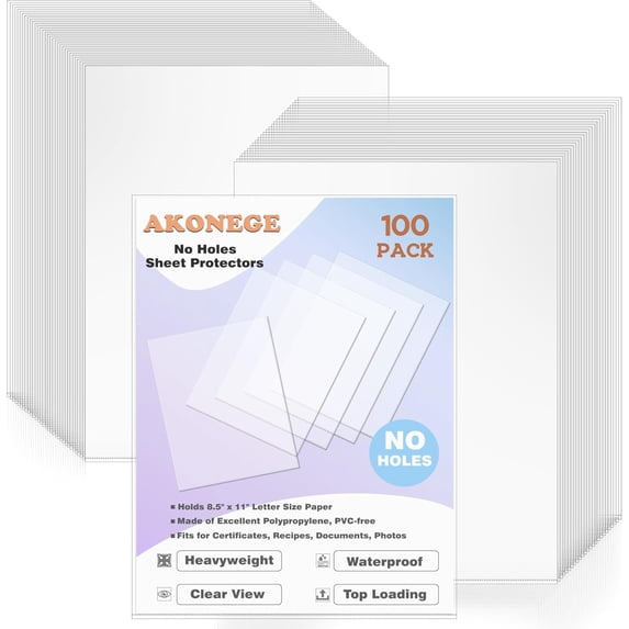 100 Pack No Holes Sheet Protectors 8.5 x 11 Inch Letter Size Page ...
