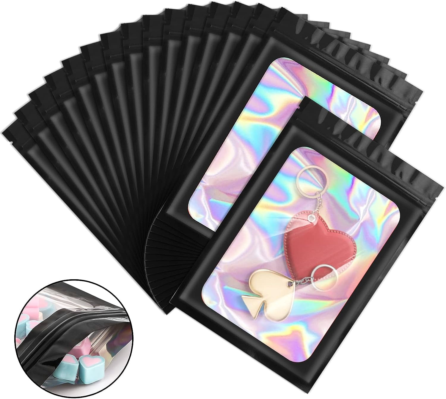 100 Pack Holographic Ziplock Bags, Smell Proof Packaging Bags, Clear ...