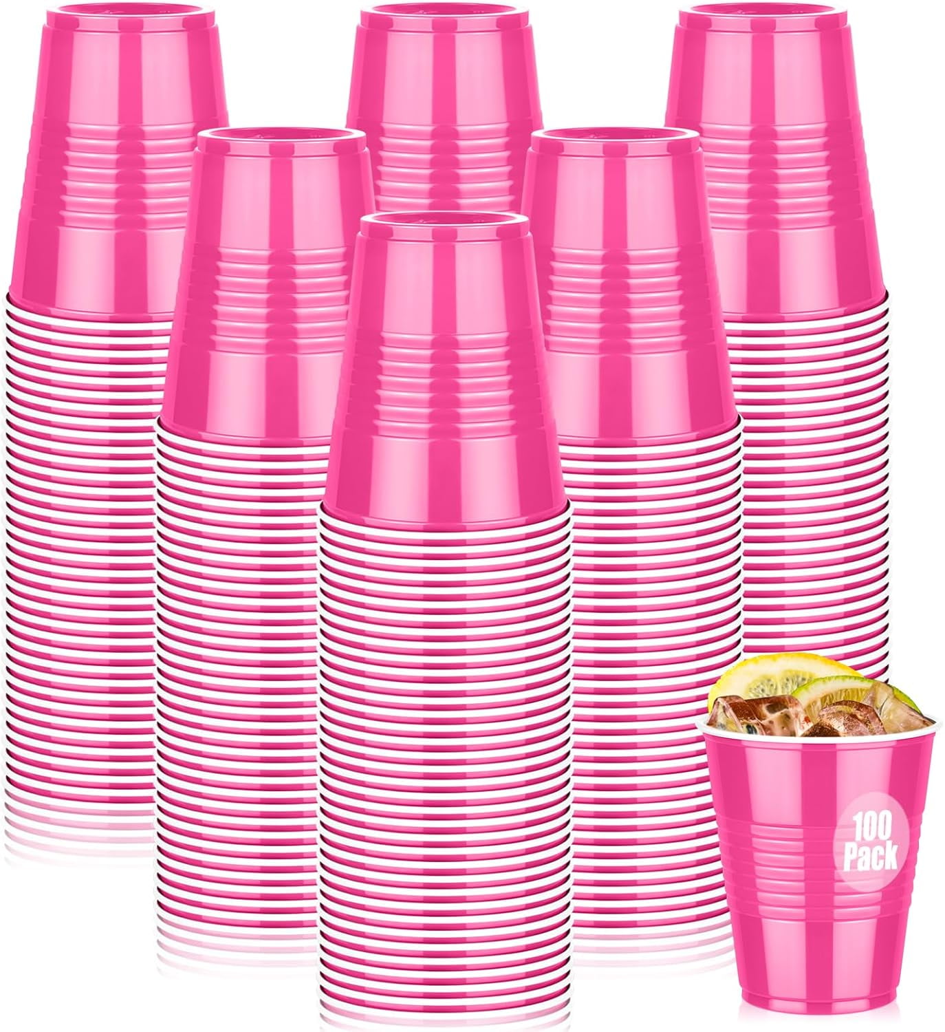 100 Pack Hot Pink Plastic Cups 12 oz, Disposable Cups for Party, Heavy ...