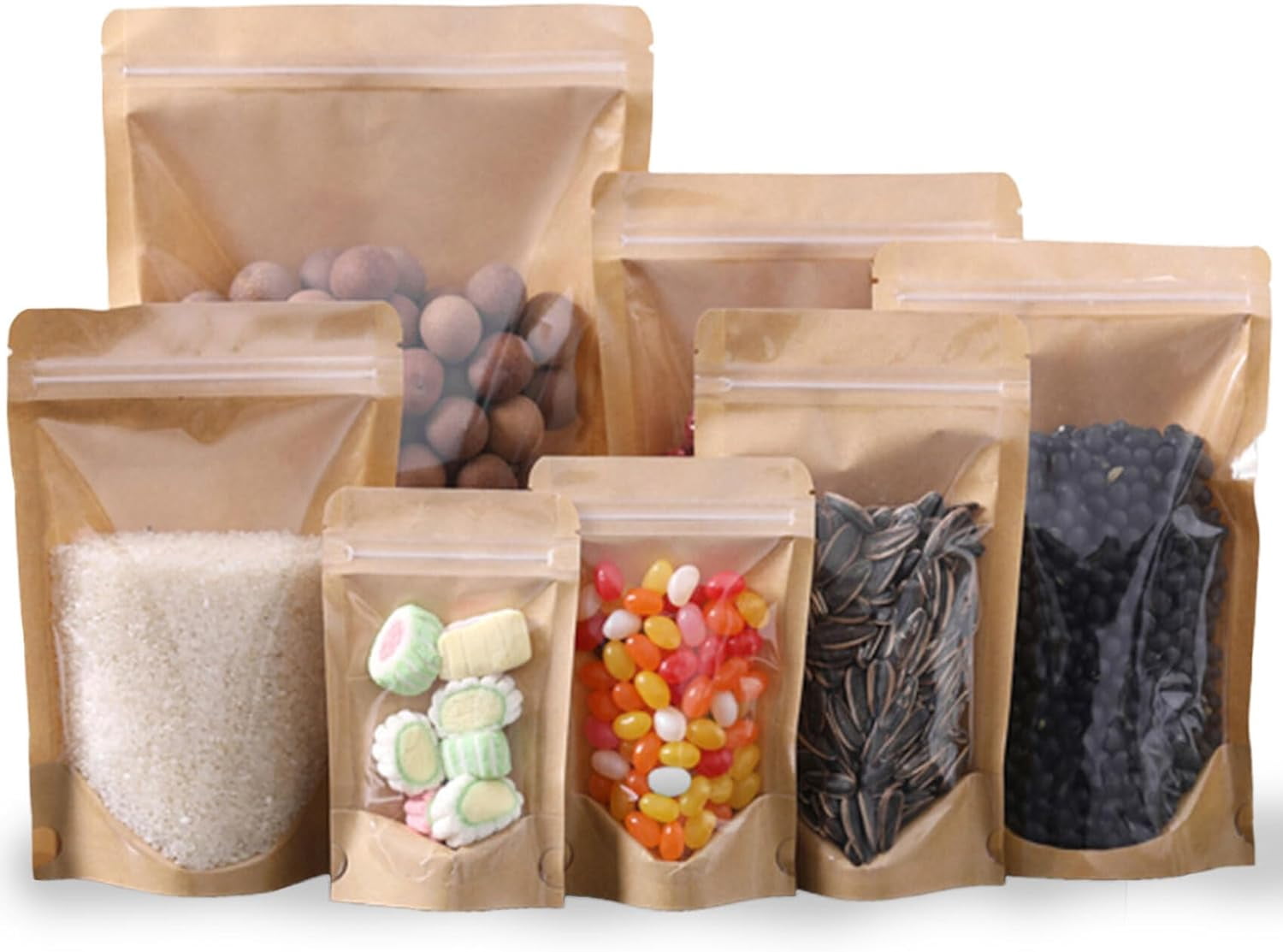 100 Pack Kraft Resealable Bags With Clear Front Stand Up Brown Window ...