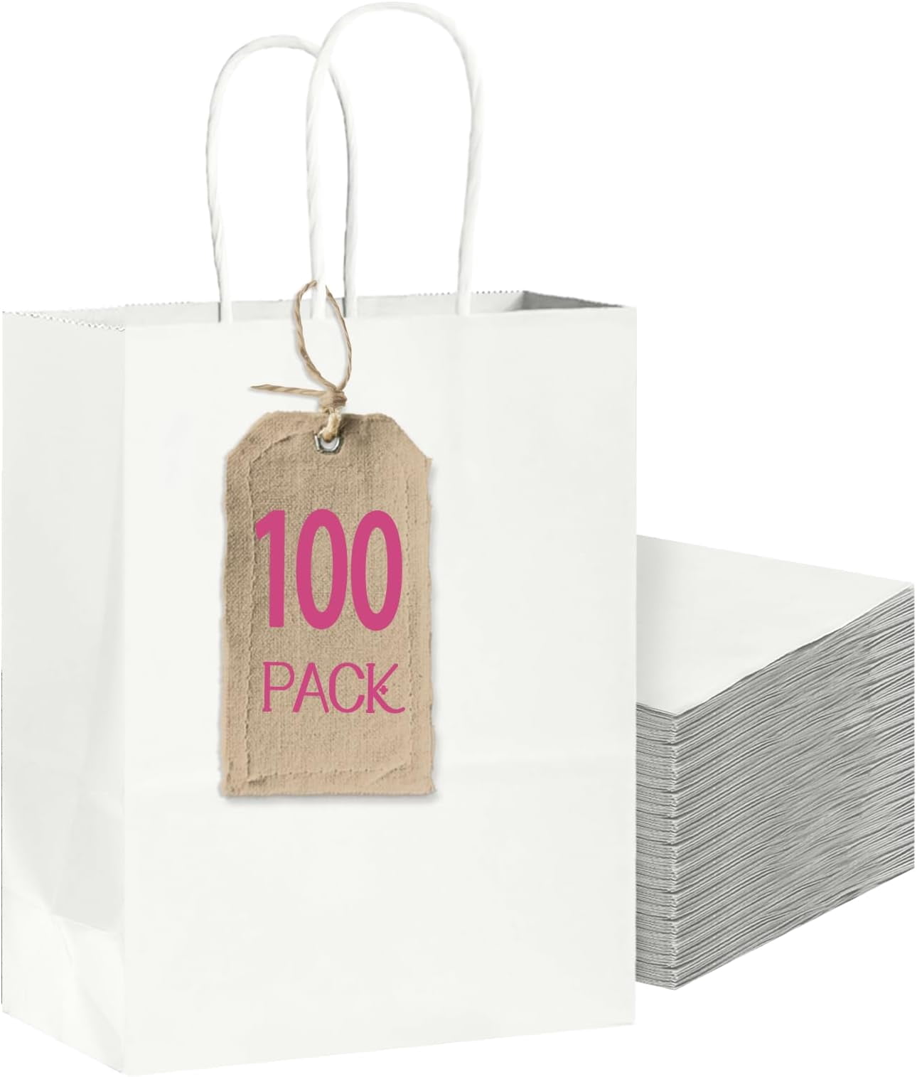 100-Pack Medium Size Paper Bags with Handles Bulk 10.6"x8.3"x4.3" White ...