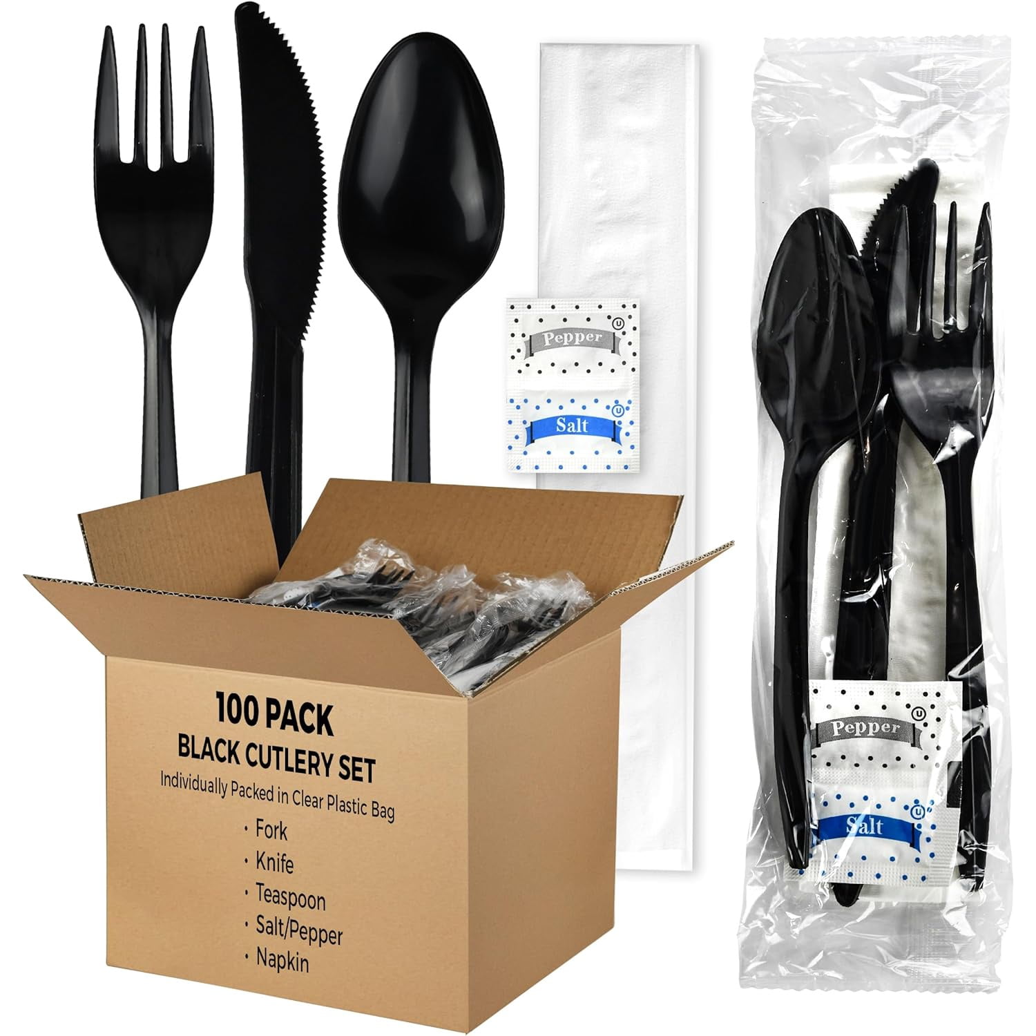 100 Pack Medium Weight Wrapped Black Plastic Cutlery Pack with Napkin ...