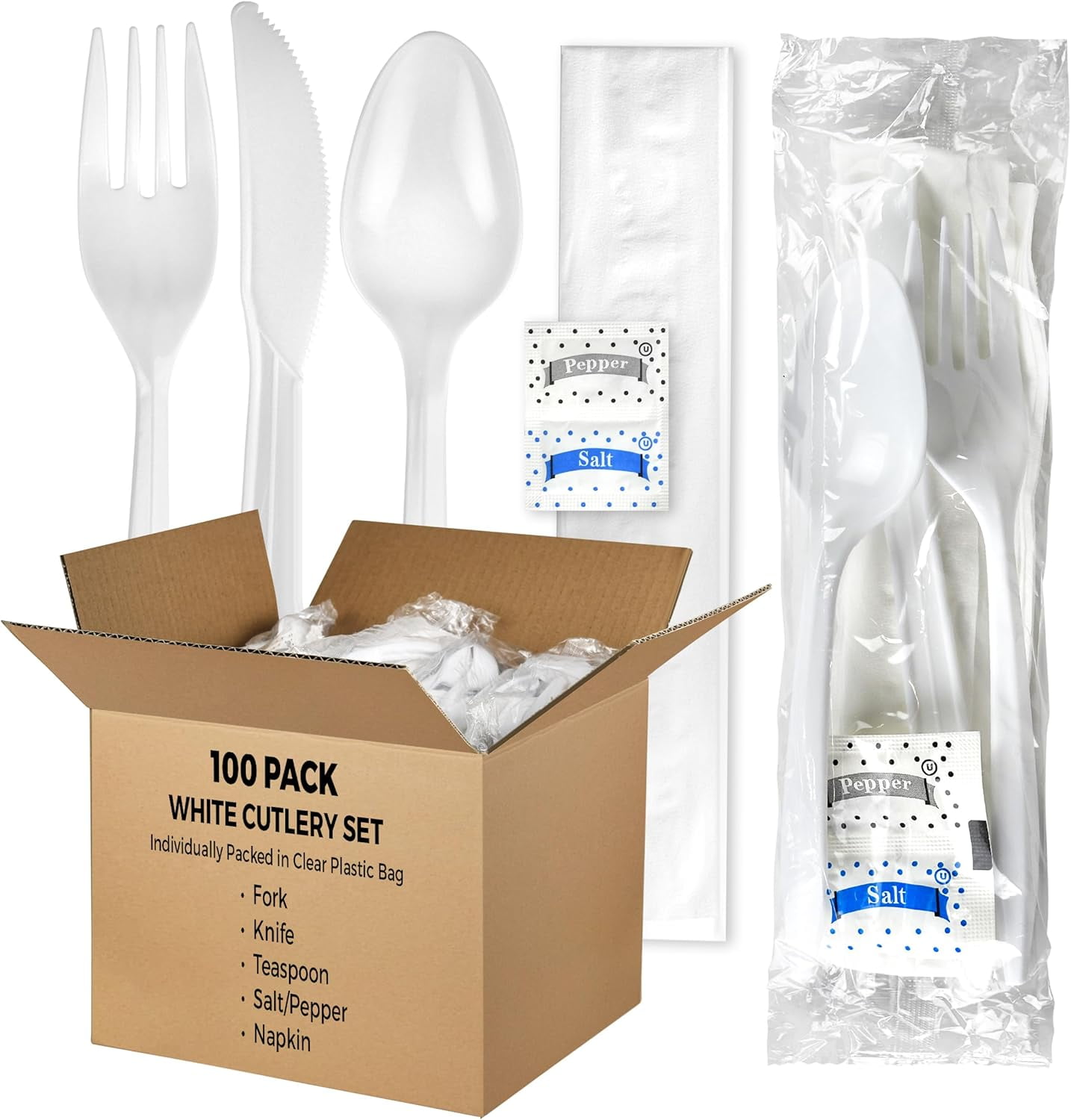 100 Pack Medium Weight Wrapped white Plastic Cutlery Pack with Napkin ...