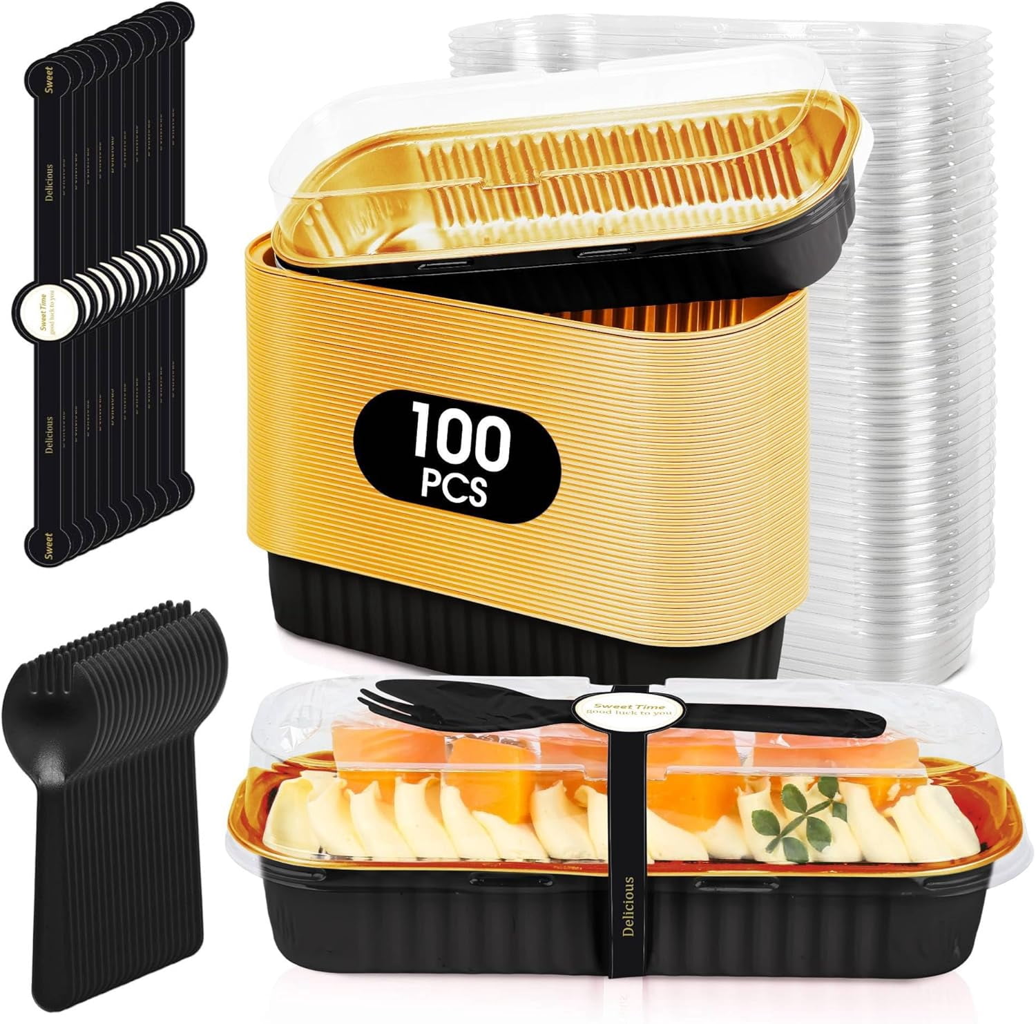 100 Pack Mini Disposable Aluminum Foil Cake Pans with Lids and Spoons ...