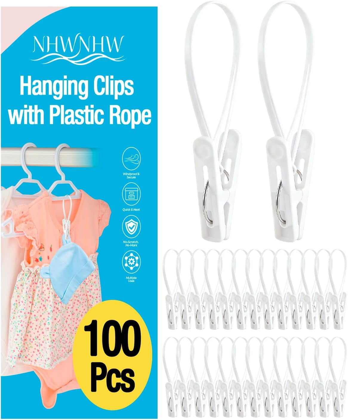 100 Pack Multi Purpose Laundry Hanging Clips with Rope, Strong Grip ...