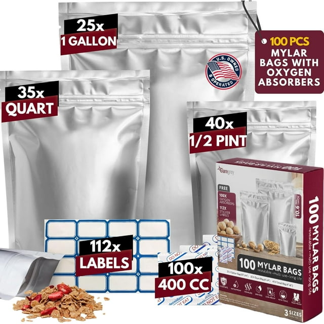 100 Pack Mylar Bags with Oxygen Absorbers - 10.6 MIL Thick 3 Sizes ...