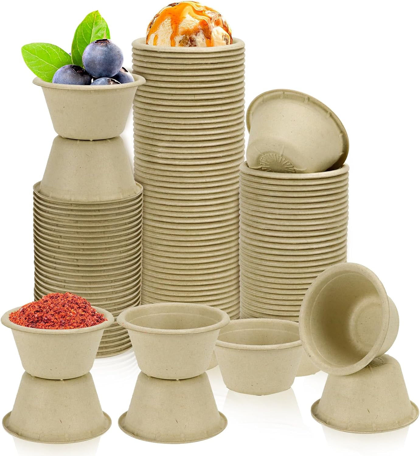 100 Pack Natural Bagasse Fiber Bowls 2oz Disposable Paper Cups ...