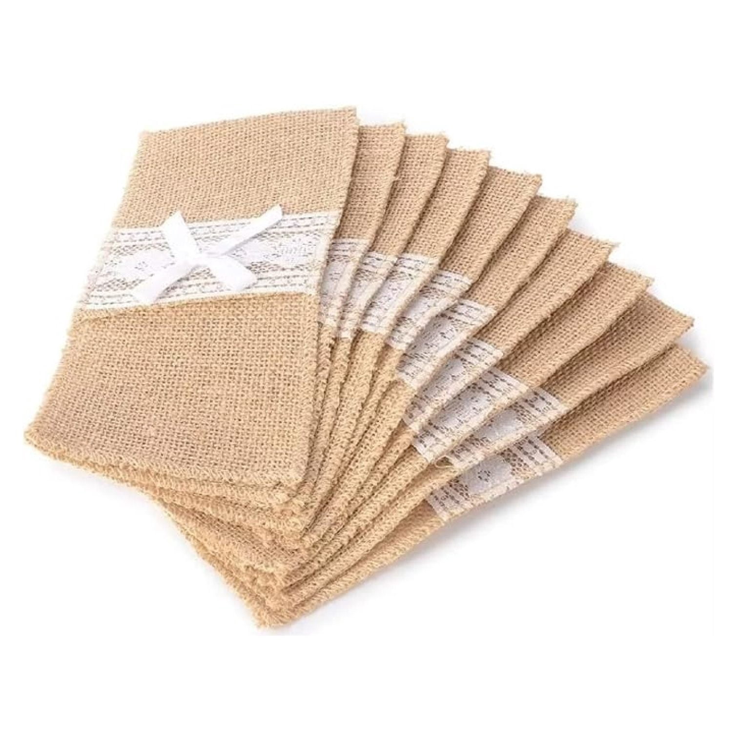 100 Pack Natural Burlap Cutlery Holder Pouch Bag 4x8.5 Inch with Lace ...