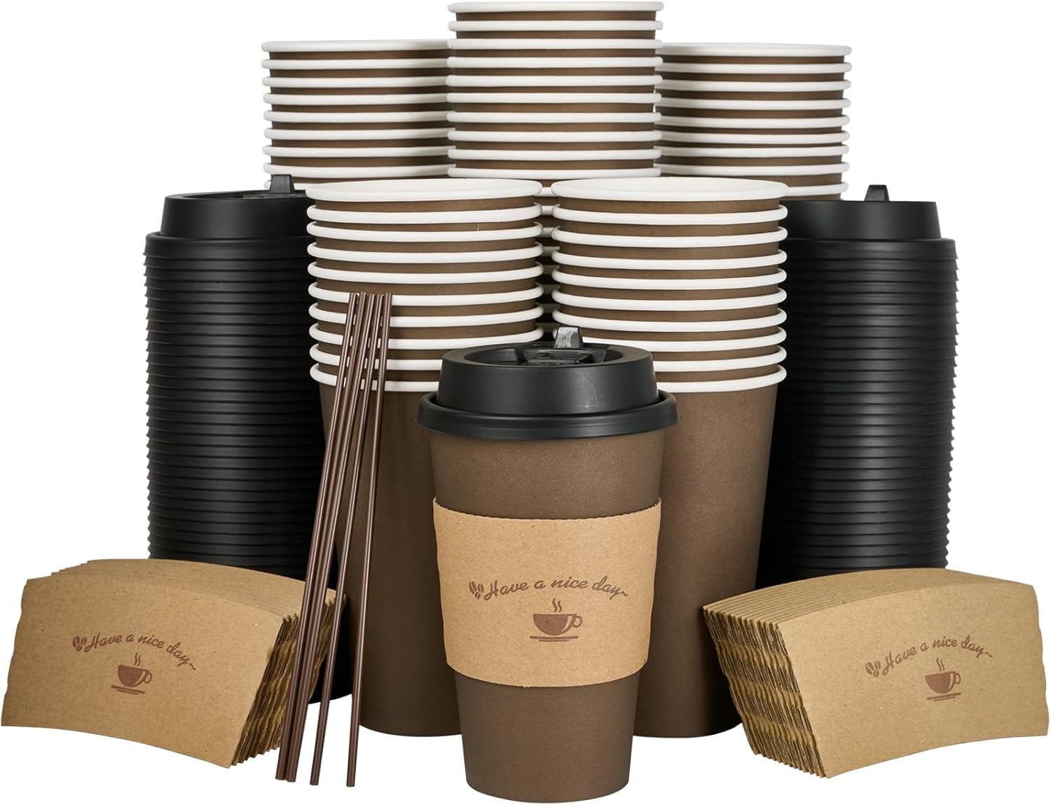 100 Pack Paper Coffee Cups with Lid, Sleeve and Stirrer for Coffee ...