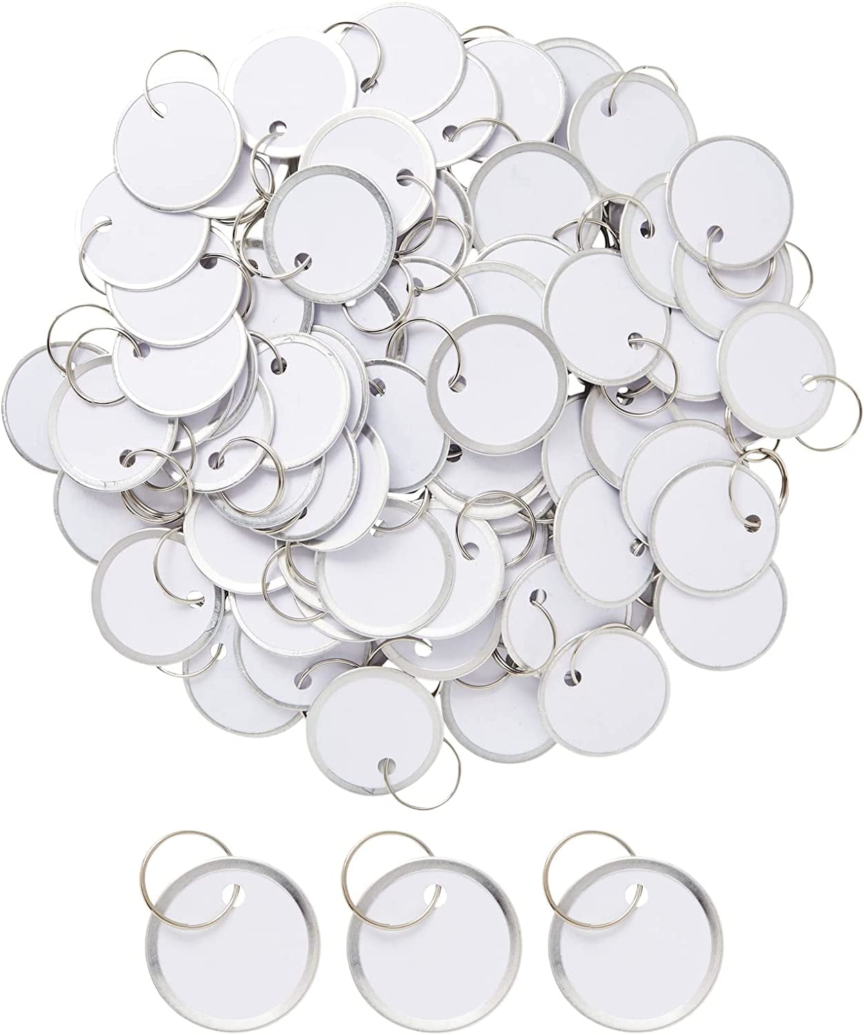 100 Pack Paper Key Tags with Metal Rings - 1.2 Inch Round Rimmed Split Keychain with Blank ...