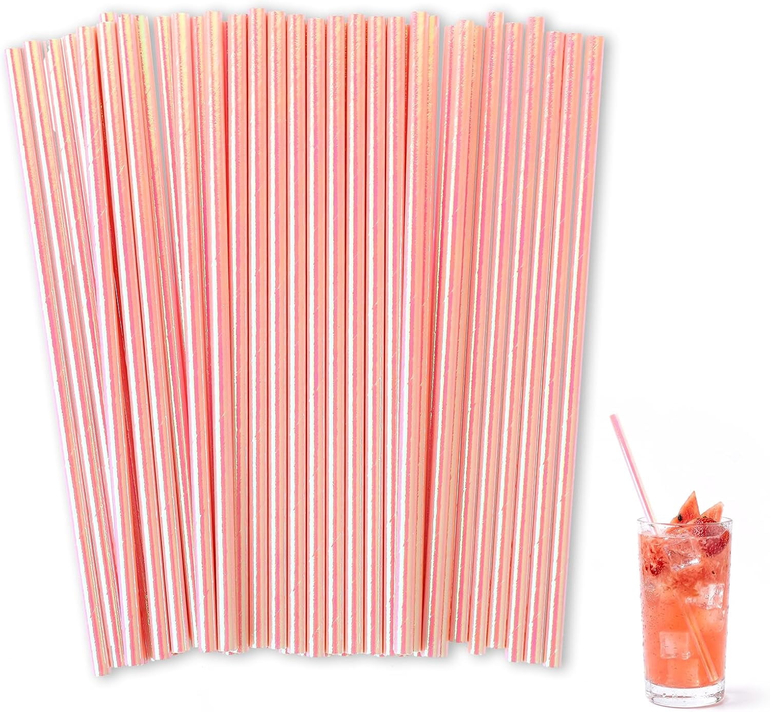 100 Pack Pink Paper Straws Foil for Drinking Disposable Decorative ...