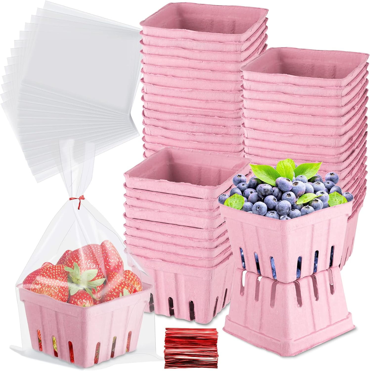 100 Pack Pink Pulp Fiber Berry Baskets with Clear Packaging Bags and ...