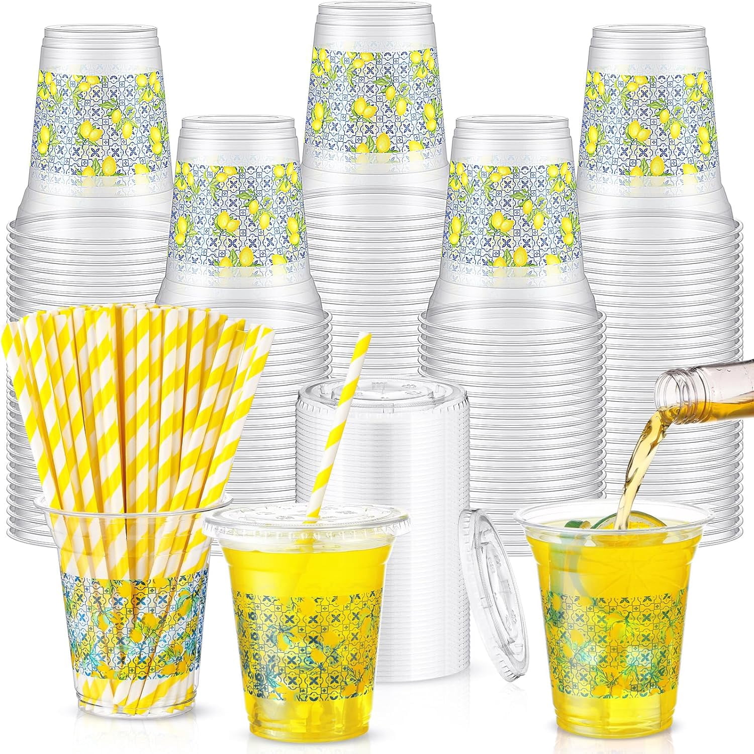 100 Pack Plastic Disposable Cups with Lids and Straws 12 oz Disposable ...