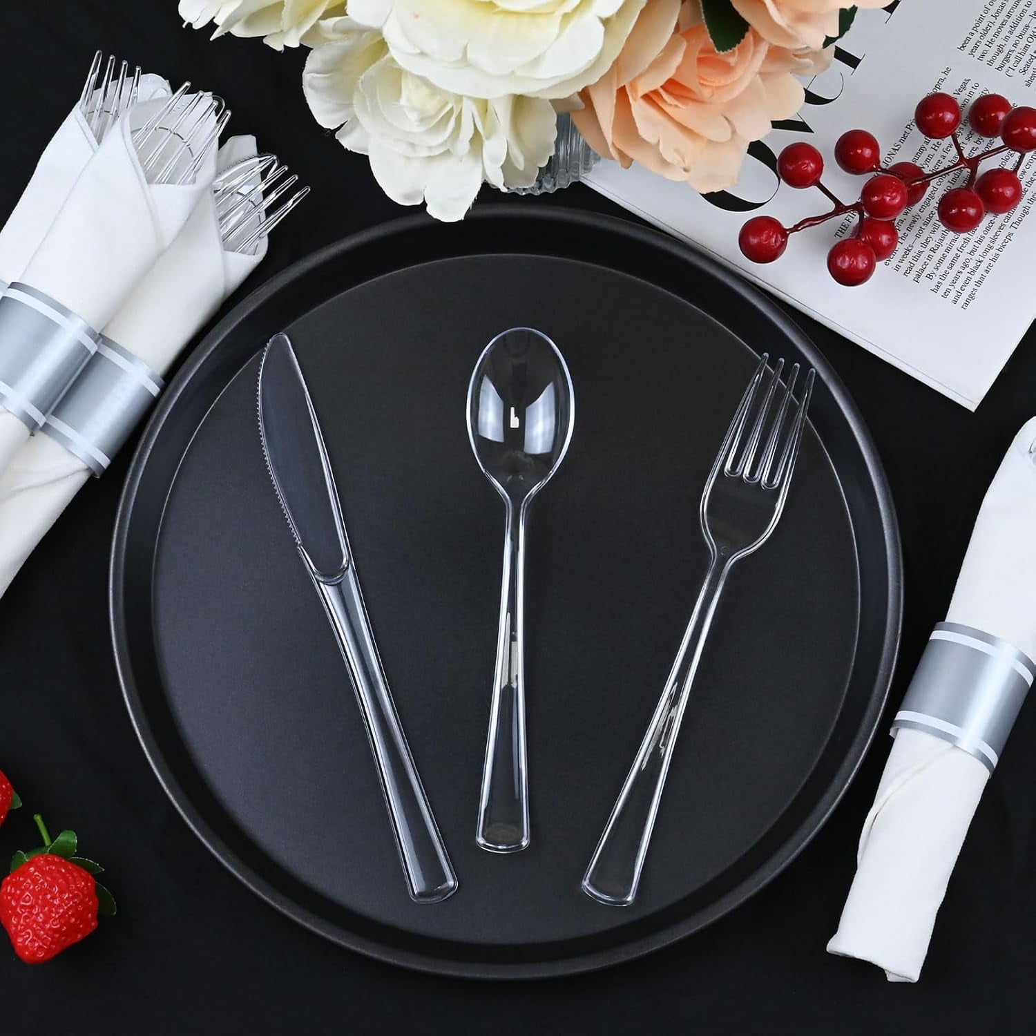 100 Pack Pre-Rolled Clear Cutlery Sets - Heavy Duty Clear Plastic ...
