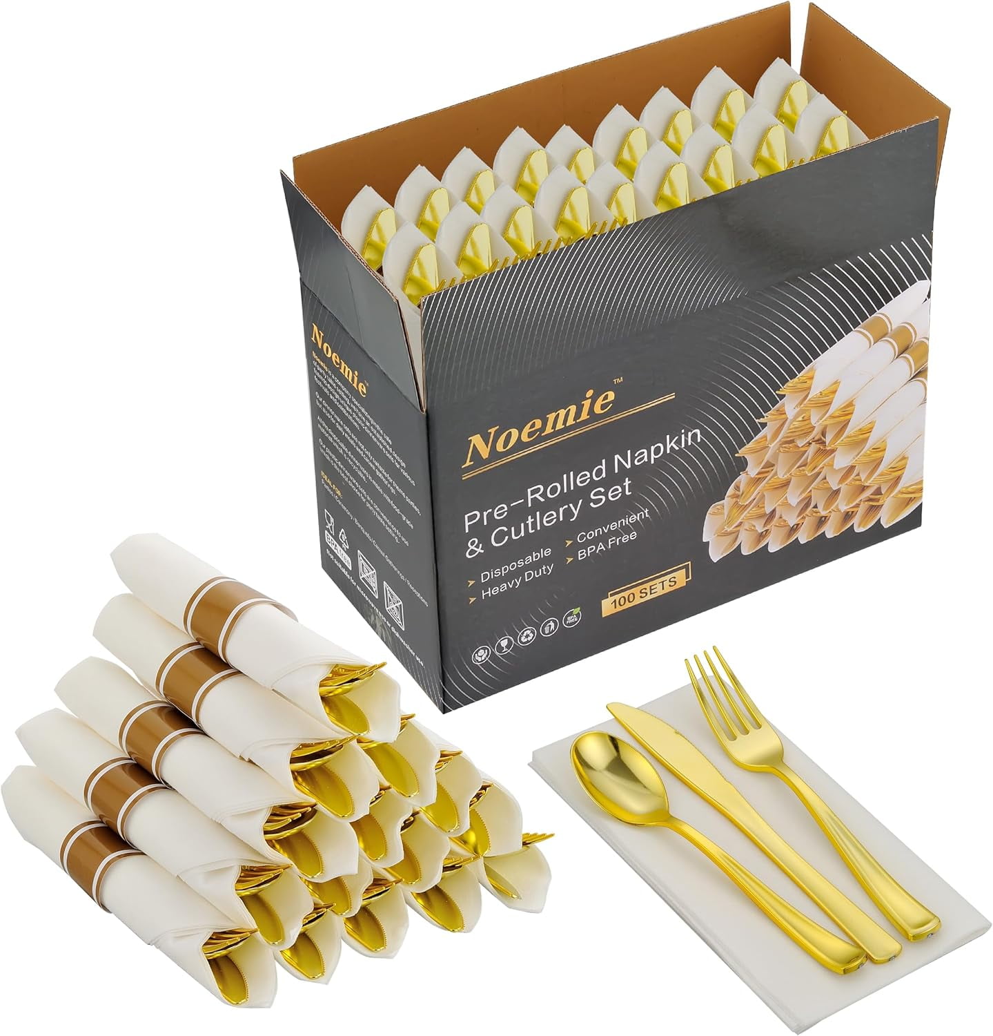 100 Pack Pre Rolled Gold Hard Plastic Silverware Set,Wrapped Disposable ...