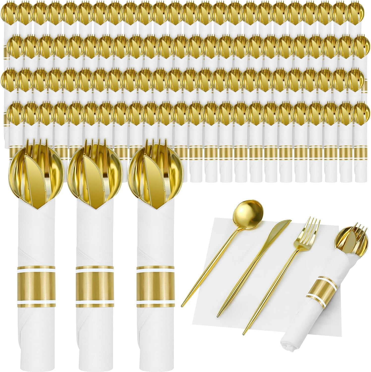 100 Pack Pre Rolled Gold Plastic Silverware, Disposable Wrapped Cutlery ...