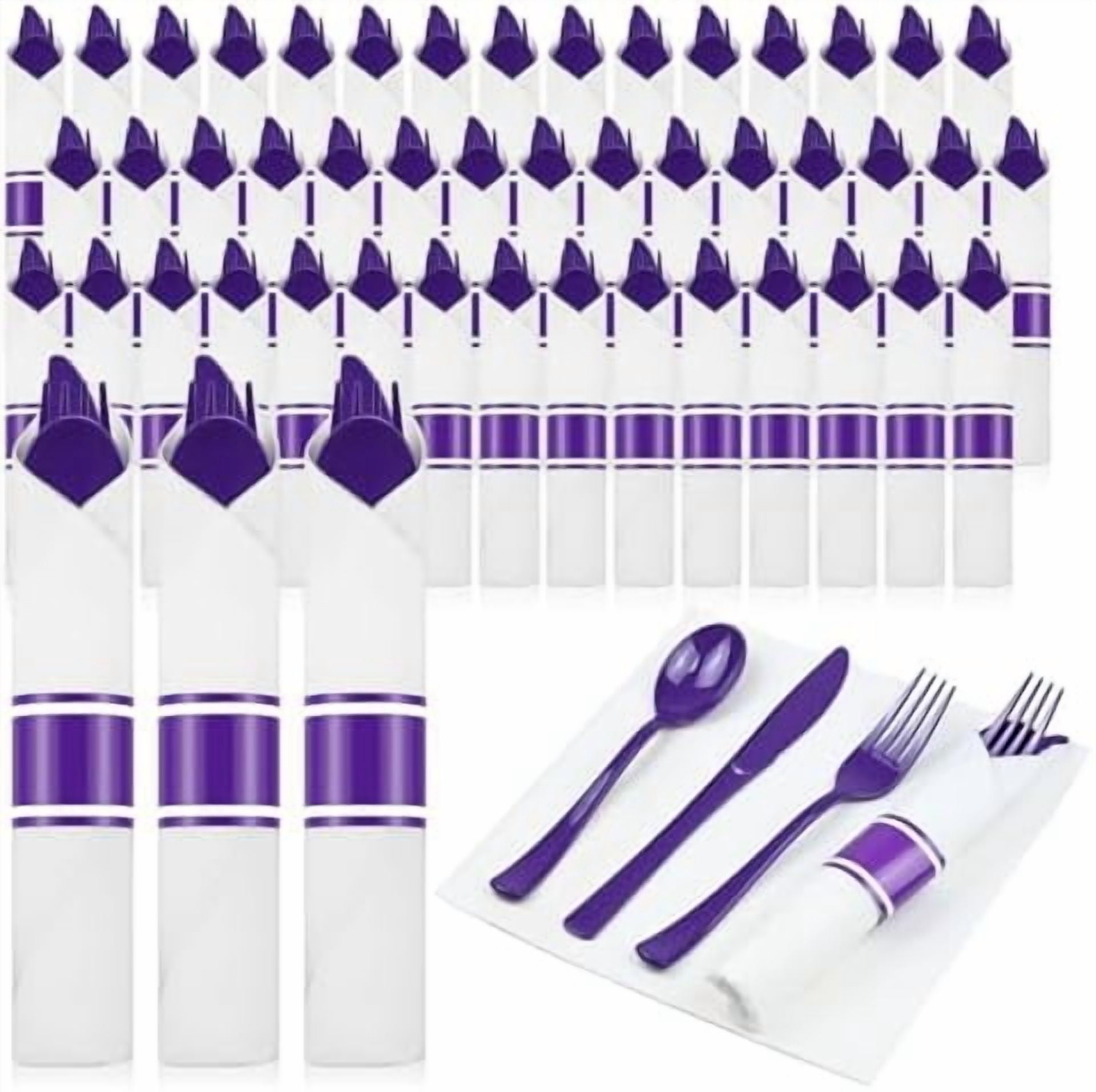 100 Pack Pre Rolled Purple Plastic Silverware with Napkins - Disposable ...