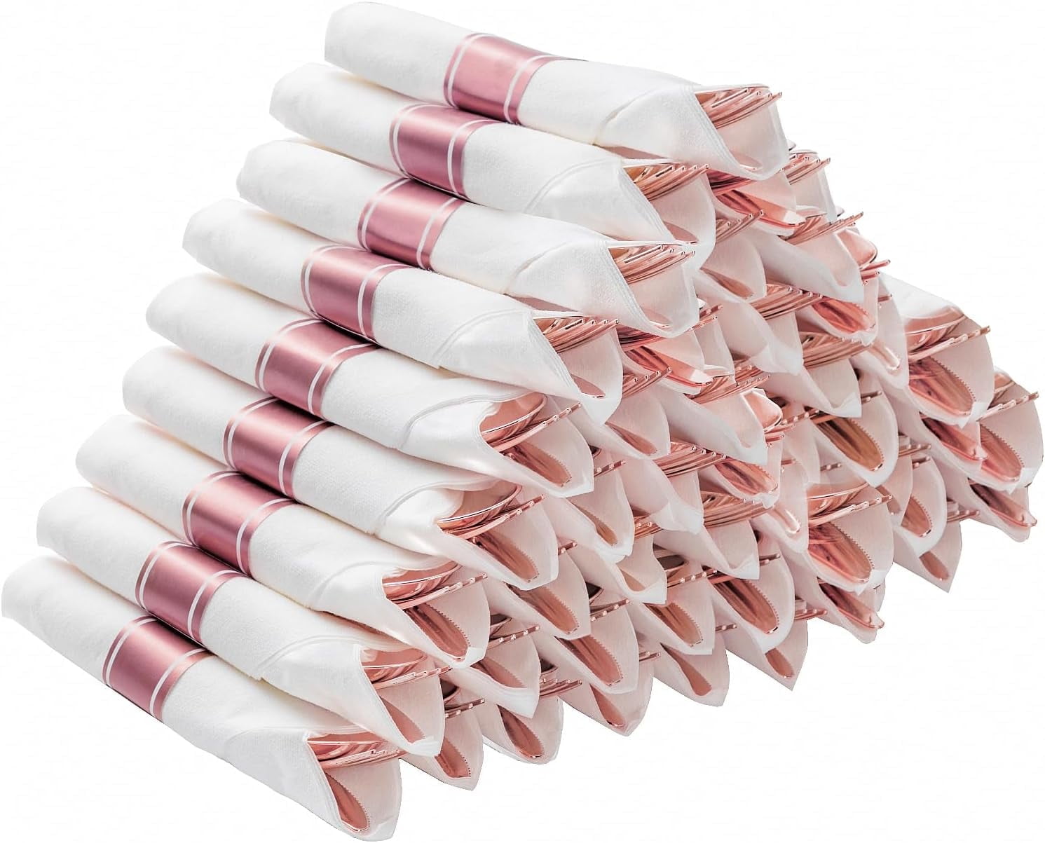50 Pack Pre Rolled Rose Gold Plastic Silverware Set, Disposable Wrapped ...