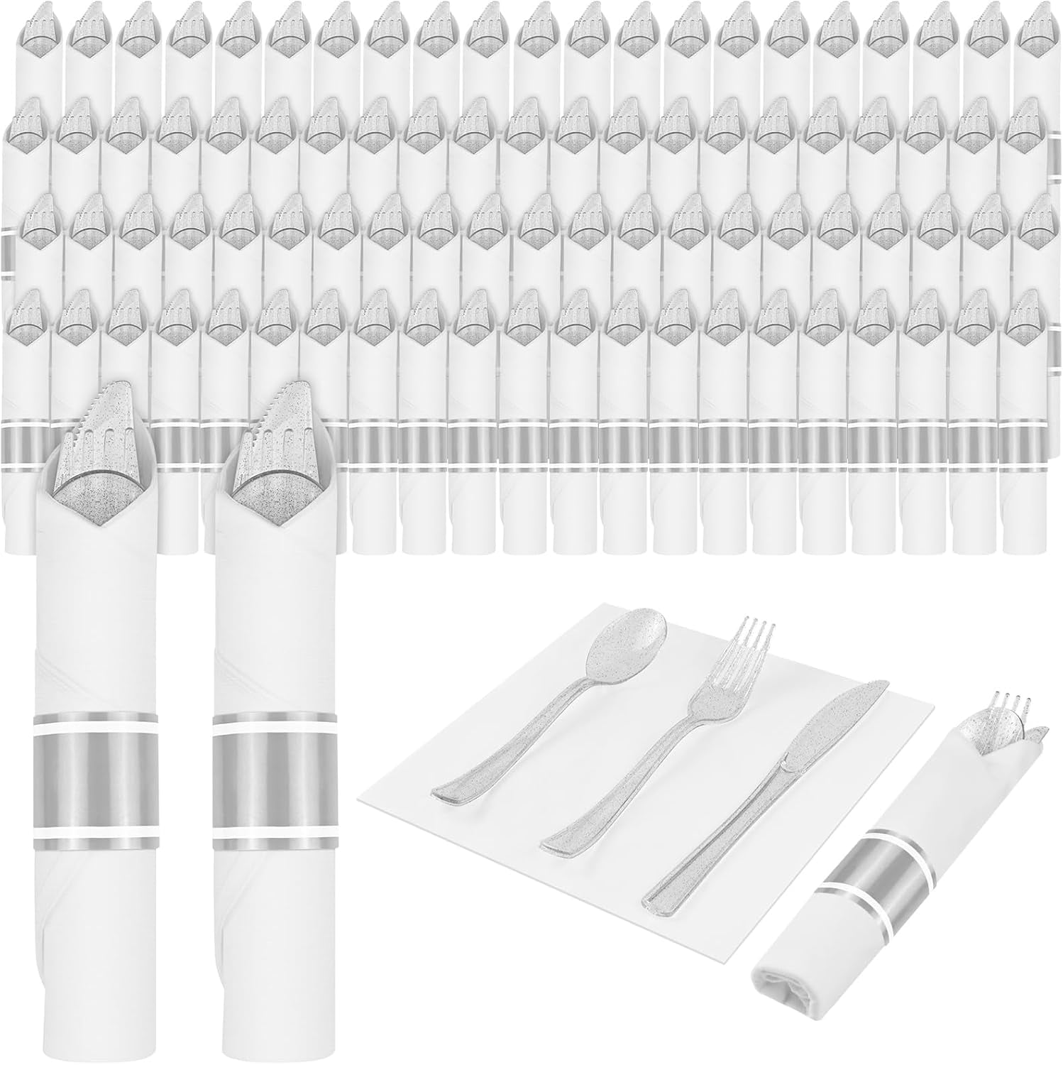 100 Pack Pre Rolled Silver Plastic Silverware Set, Heavy Duty ...