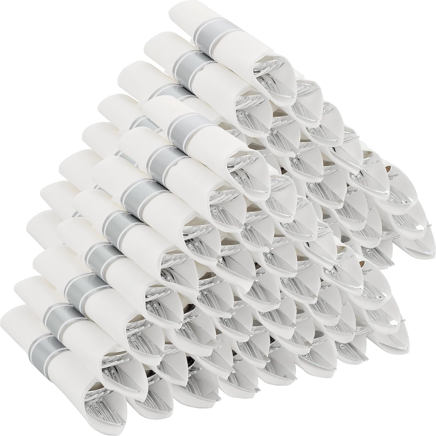 100 Pack Pre Rolled Silver Plastic Silverware Set with Napkins ...