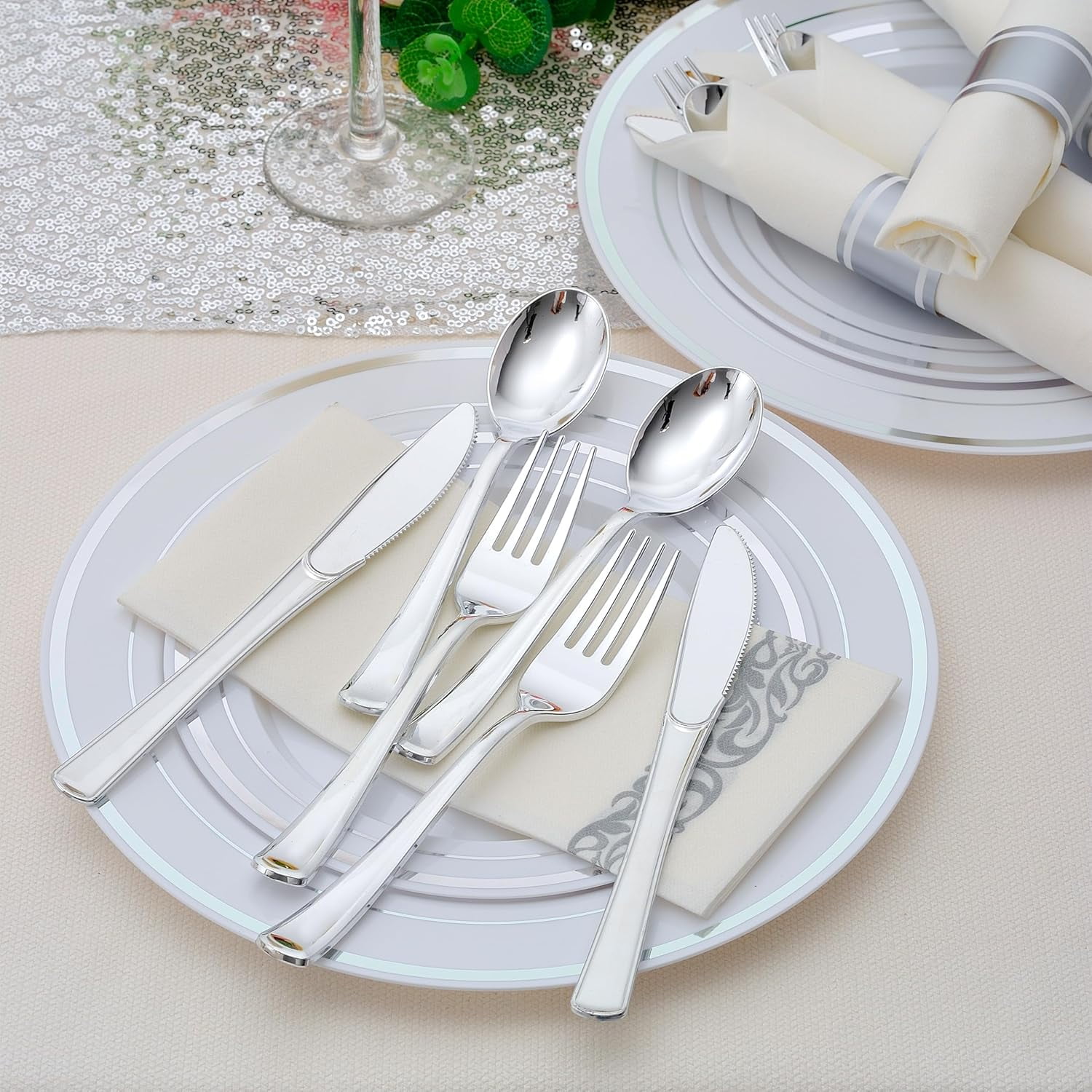 100 Pack Pre-Rolled Silver Plastic Silverware Set with Napkins ...