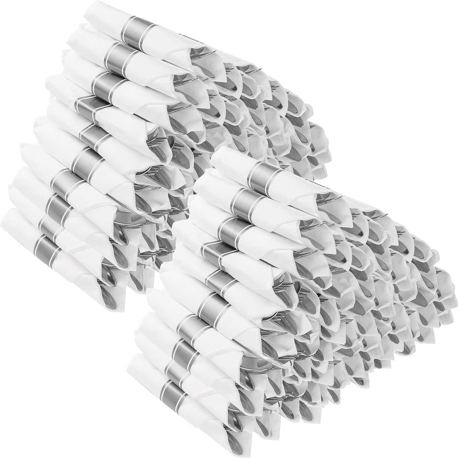 100 Pack Pre Rolled Silver Plastic Silverware, Wrapped Plastic Cutlery ...