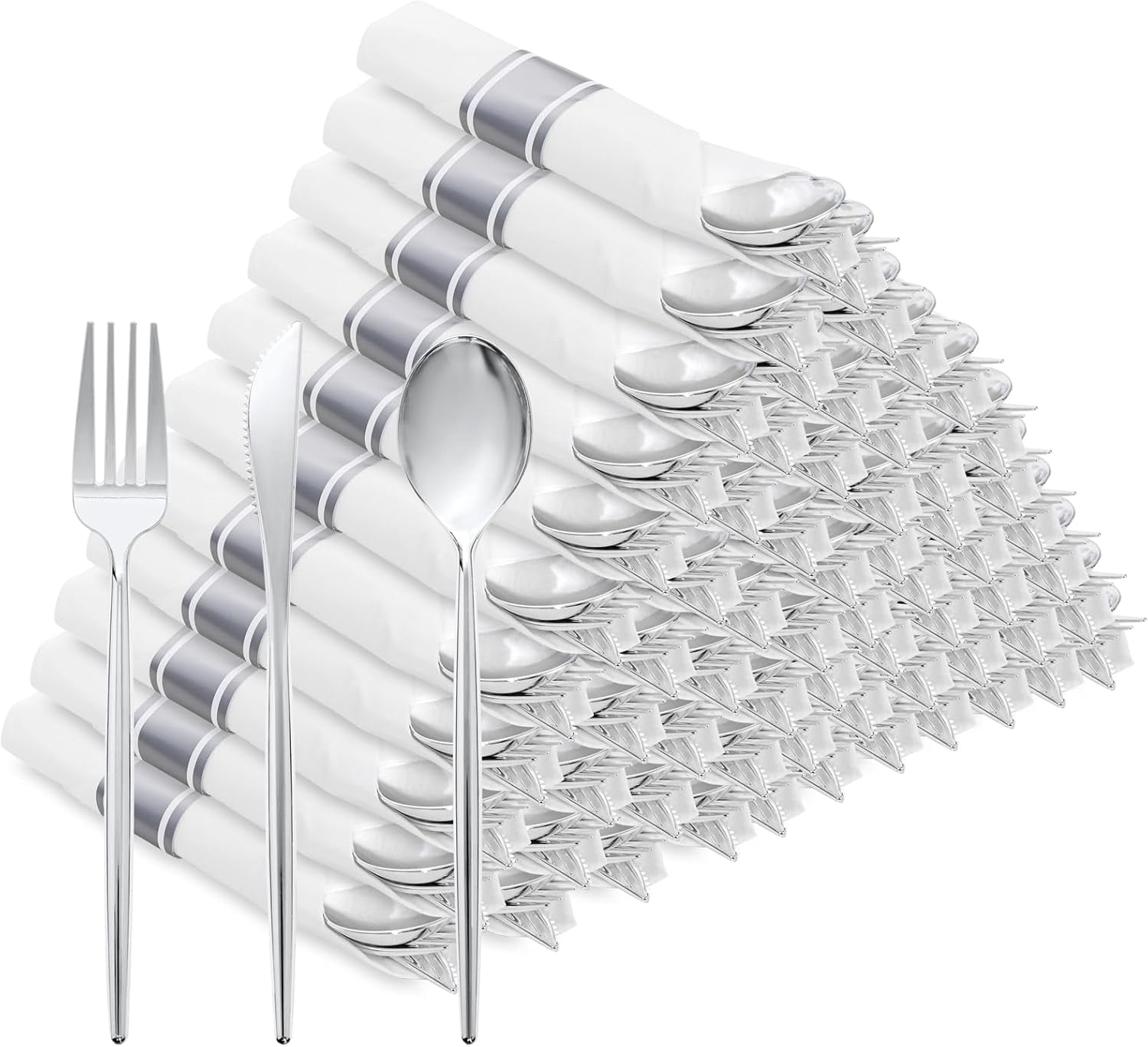100 Pack Pre Rolled Silverware Kit Single-Use, 400 Pcs Silver plastic ...