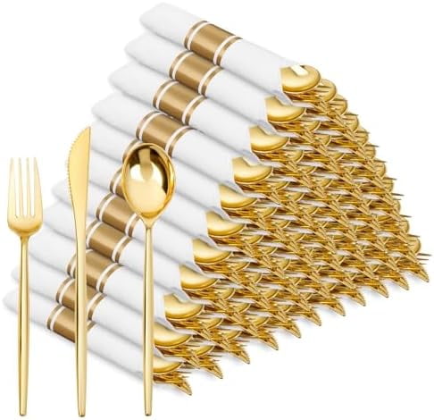 100 Pack Pre Rolled Silverware Set Disposable, 400pcs Gold Plastic ...