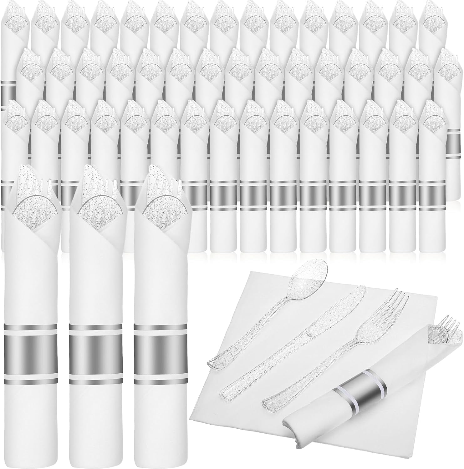 100 Pack Pre Rolled Silverware Set Disposable Wrapped Plastic Cutlery ...
