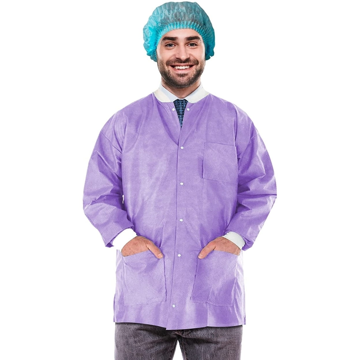 100 Pack Purple Disposable SMS Lab Jackets 50 gsm 31" Long Large /w ...