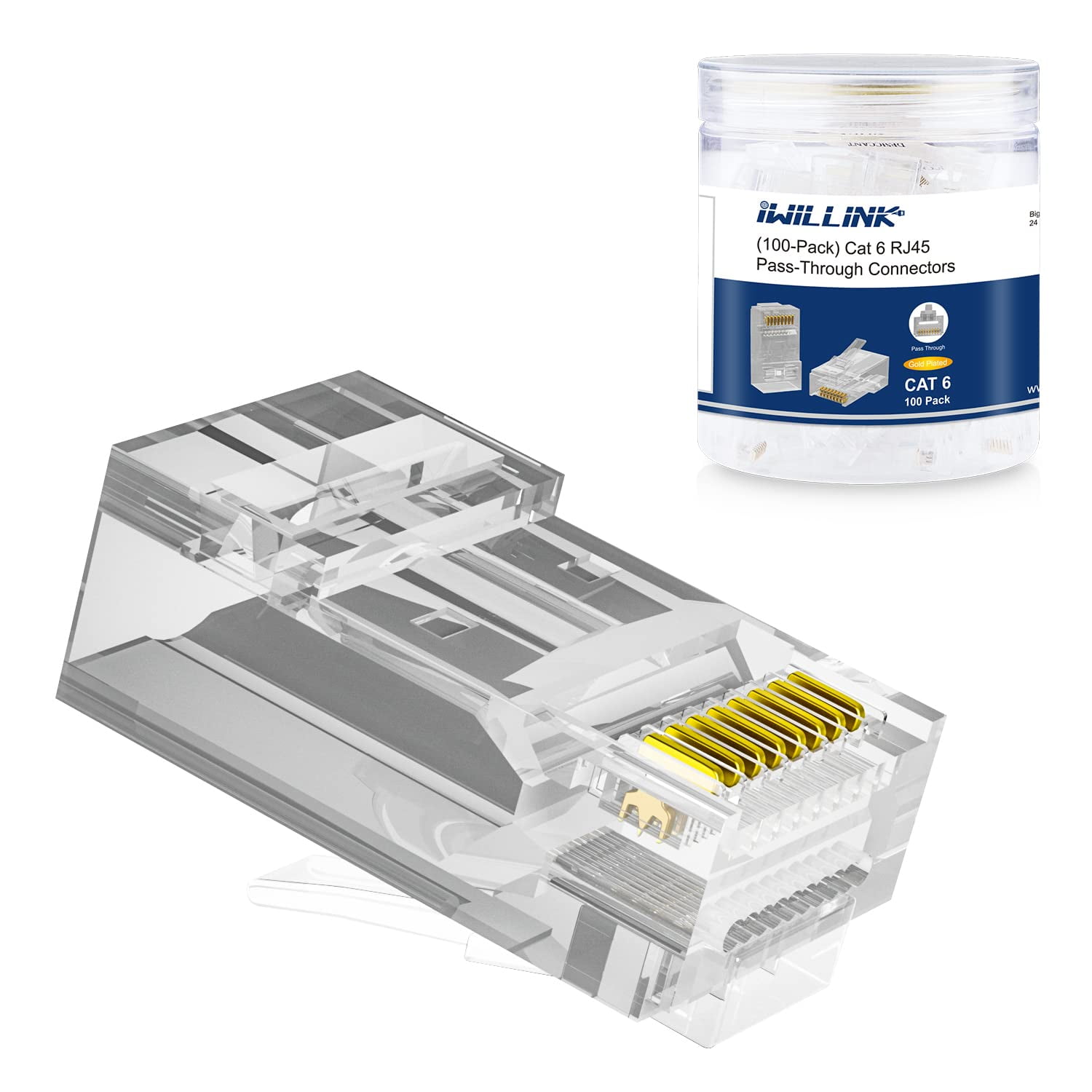 100-Pack RJ45 Cat6 Pass-Through Connectors, Gold-Plated Ethernet Crimp ...