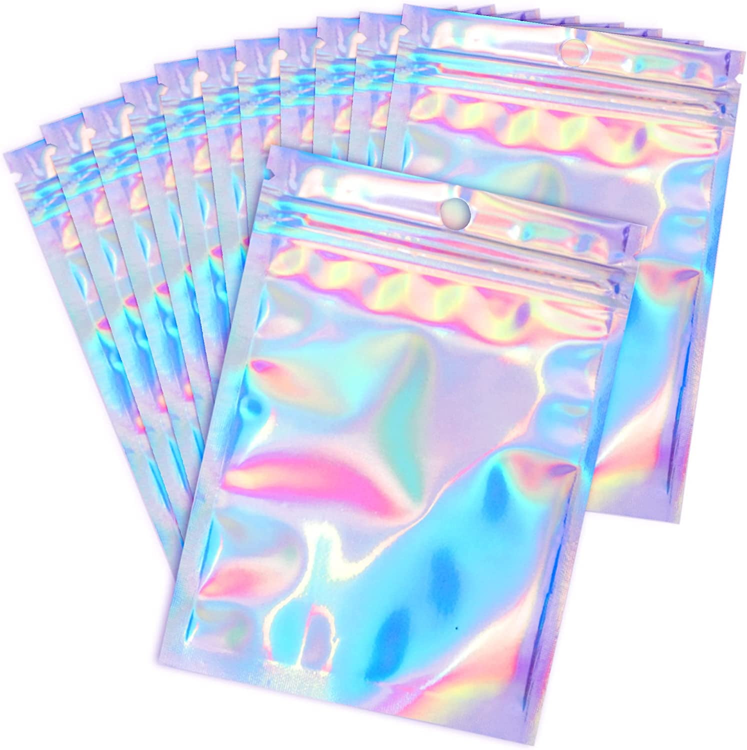 100 Pack Resealable Mylar Bags Holographic Packaging Bags Odor Proof Bags Foil Pouch Zipper ...