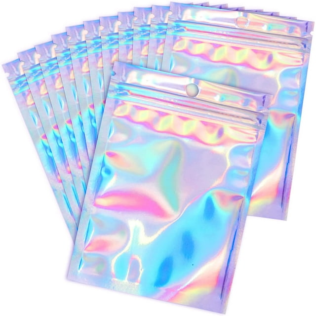 100 Pack Resealable Mylar Bags Holographic Packaging Bags Odor Proof ...