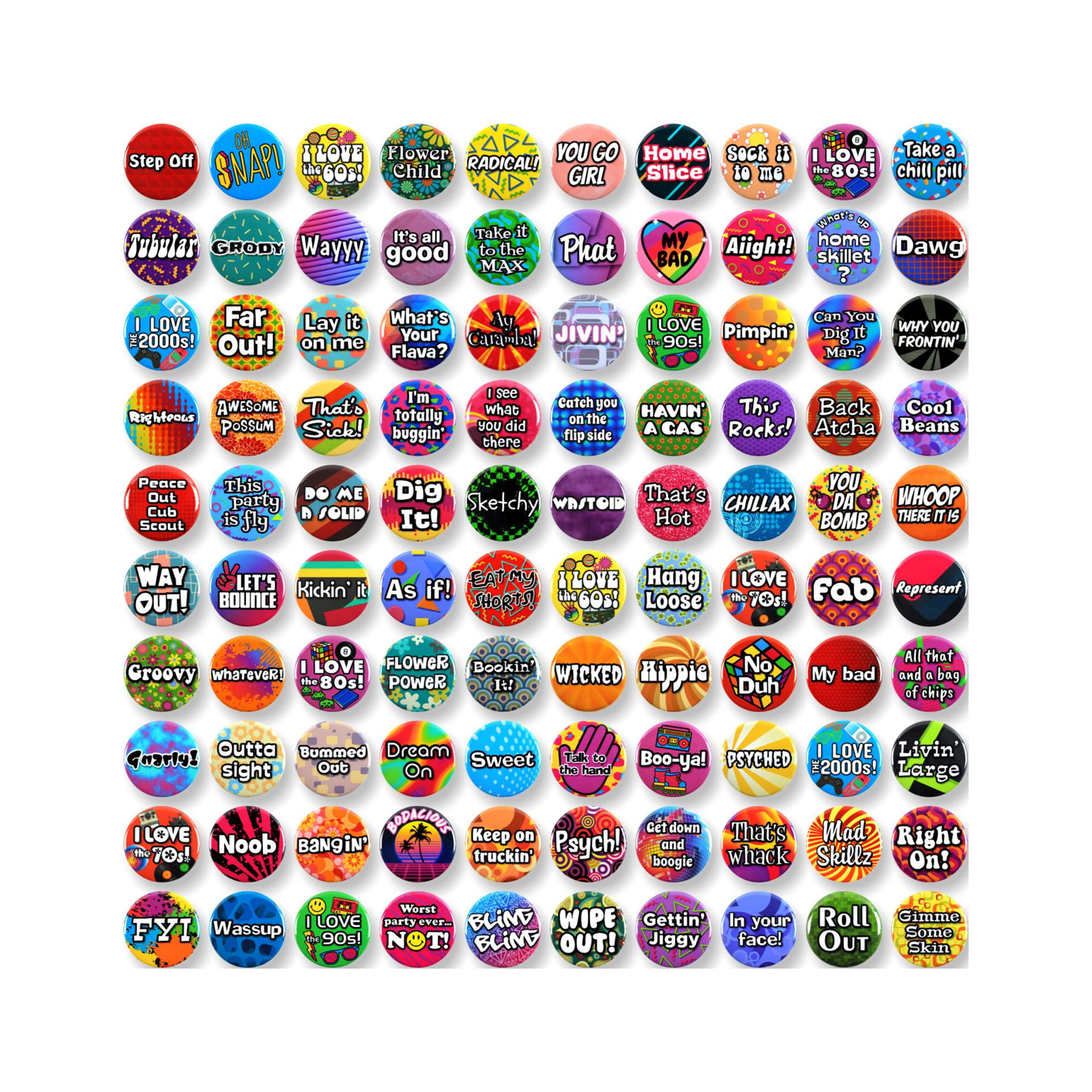 100 Pack - Retro Slang 60s 70s 80s 90s and 2000s Megapack Pinback Buttons - 1 Inch - Walmart.com