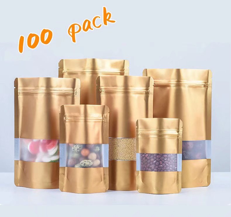 100 Pack Reusable Zip Lock Paper Pouches with Matte Window and Tear ...
