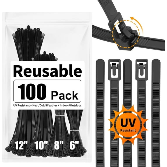 100 Pack Reusable Zip Ties Assorted Sizes 6+8+10+12 Inch UV Resistant ...