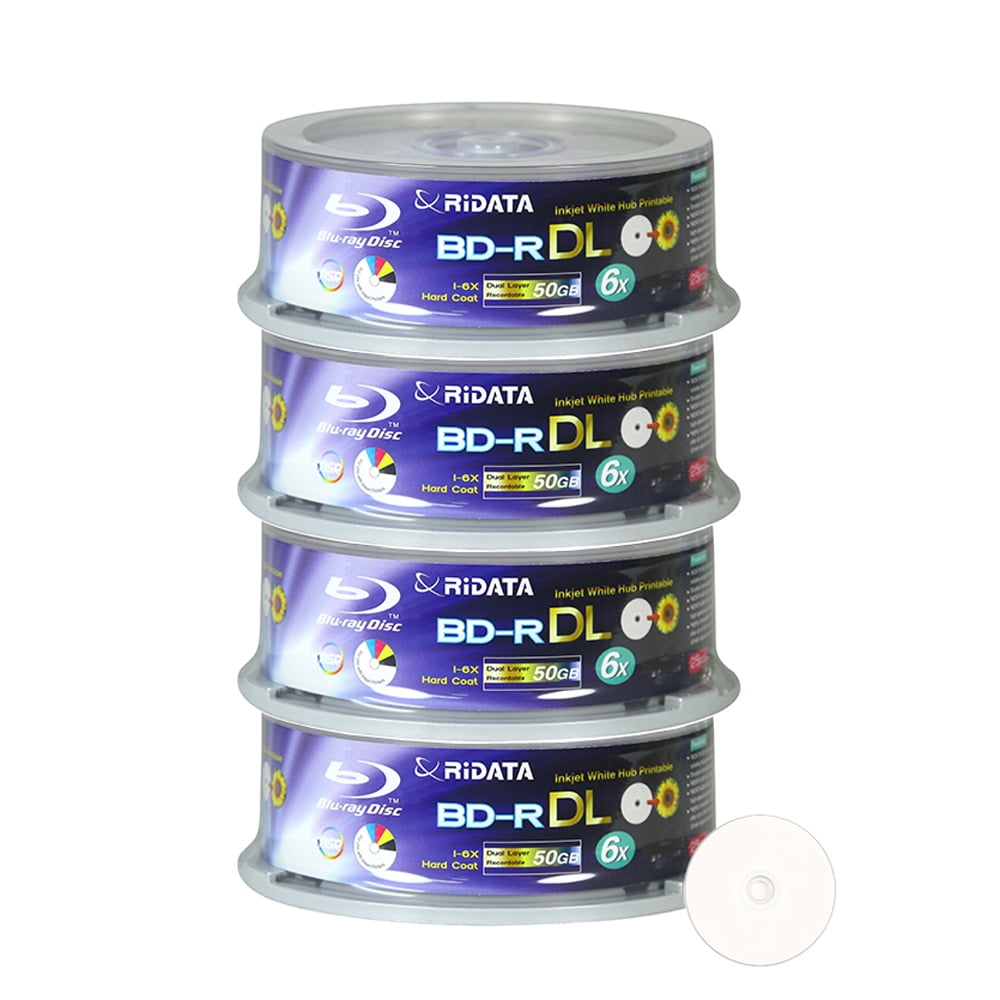 100 Pack Ridata Blu-ray BD-R DL Dual Layer 6X 50GB White Inkjet Hub ...