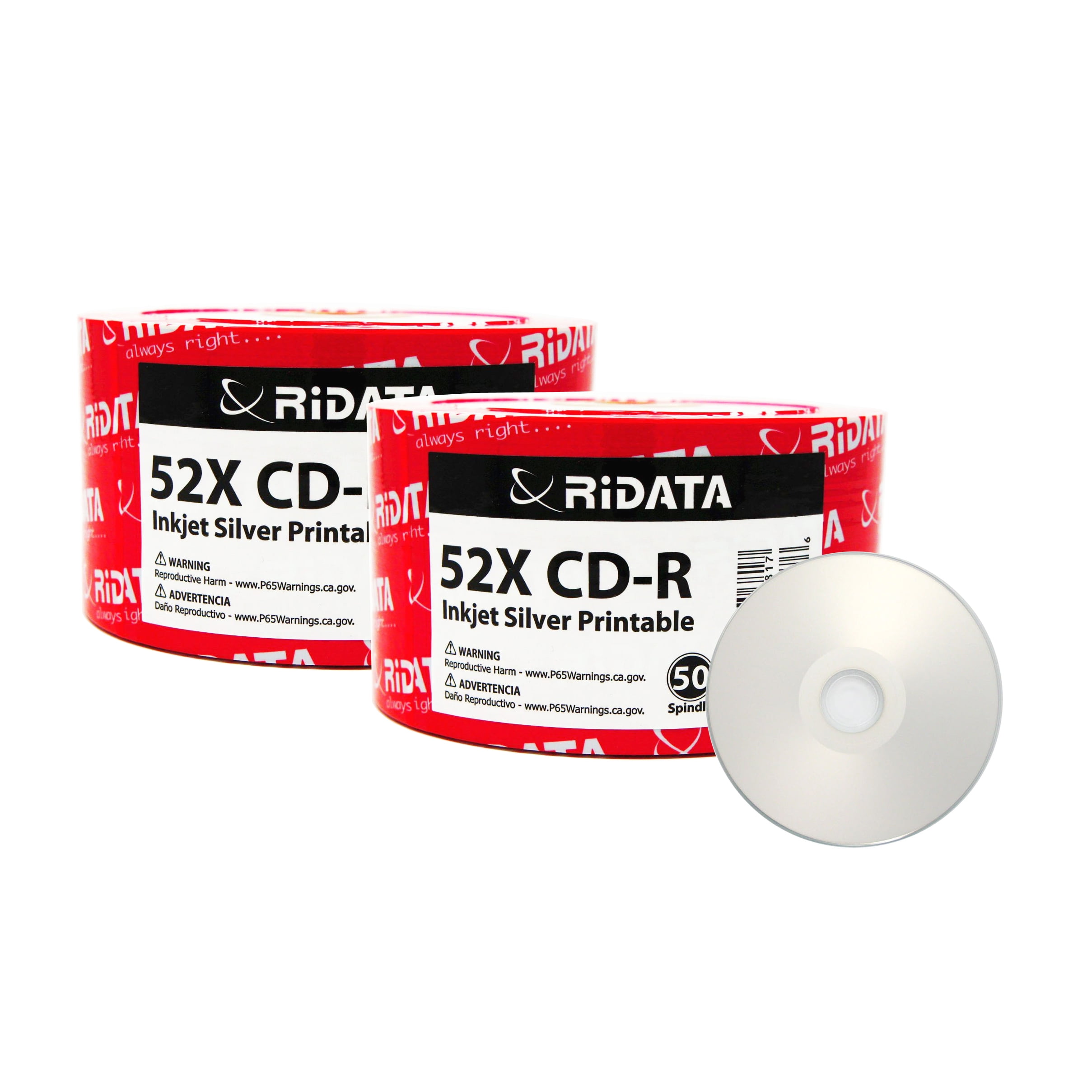 100 Pack Ridata CD-R 52X 700MB 80Min Silver Inkjet Hub Printable Blank ...
