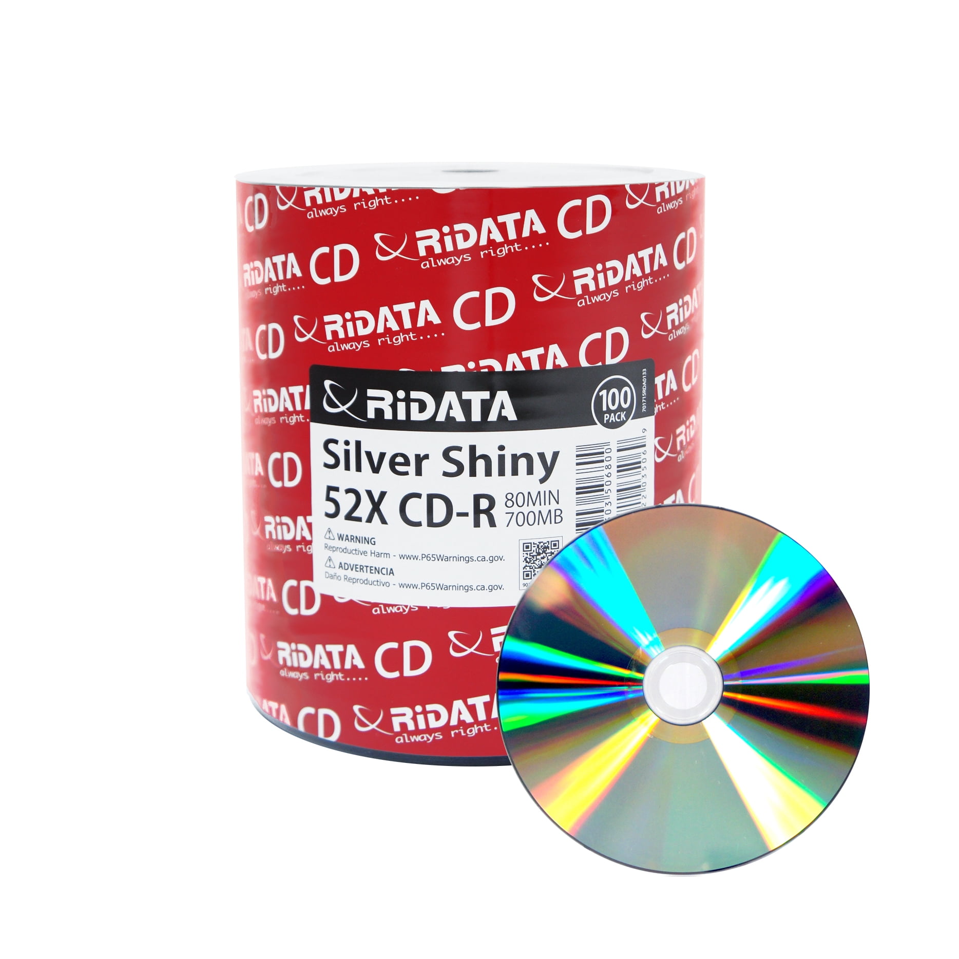 100 Pack Ridata CD-R 52X 700MB 80Min Silver Shiny Blank Media ...