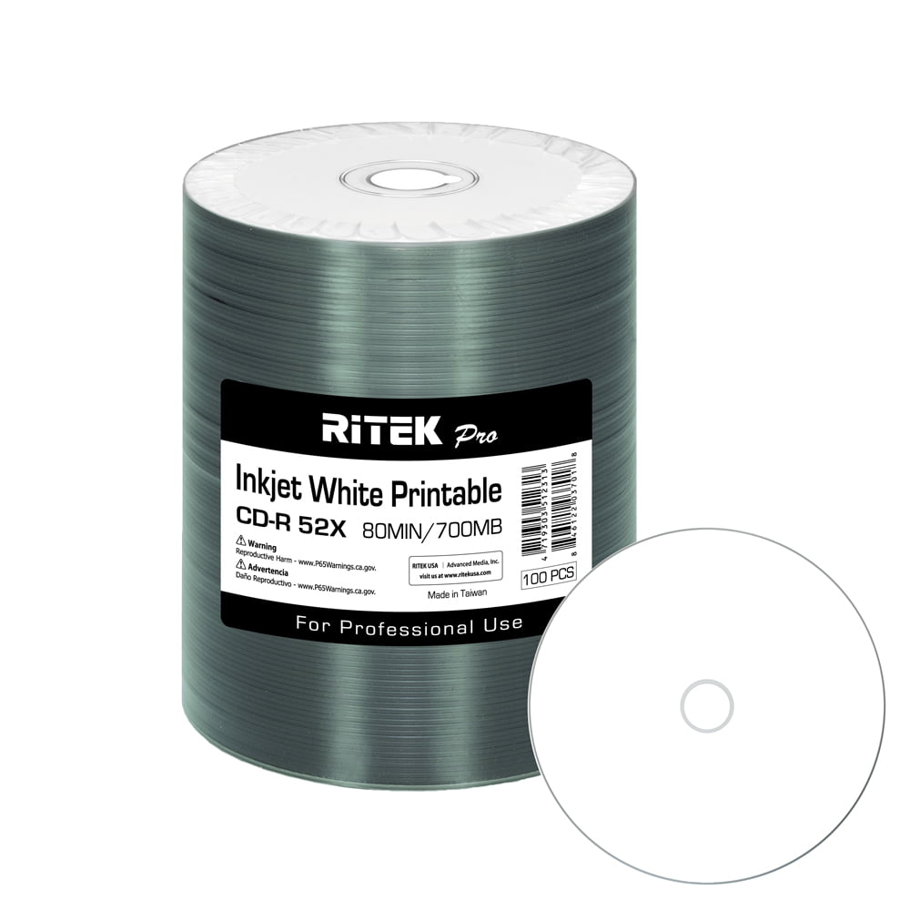 Ritek Pro CD-R 52X 700MB 100 Pack - Pro Grade, White Inkjet Printable ...