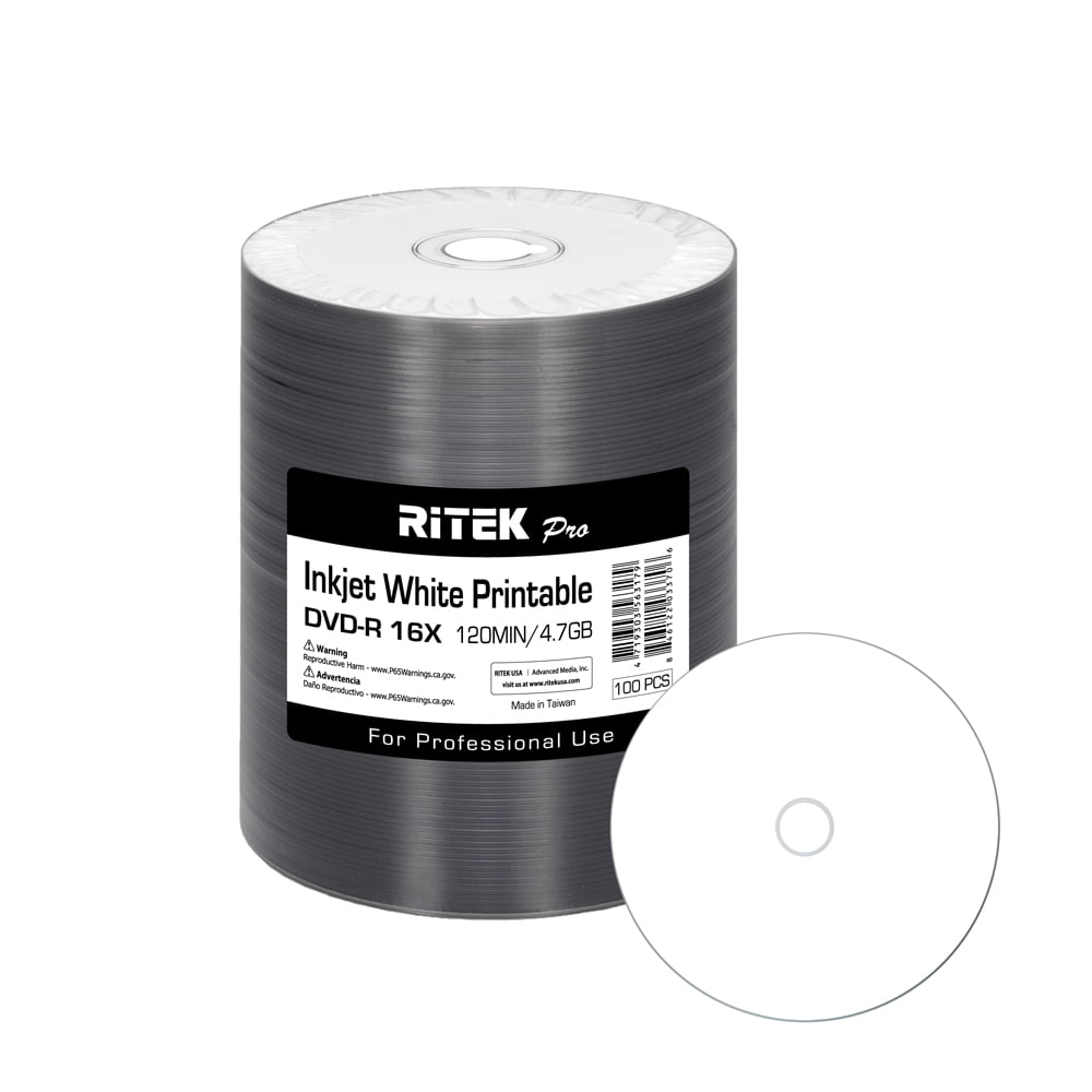 100 Pack Ritek Pro (Professional Grade) DVD-R 16X 4.7GB AZO Dye (MID MXL RG04) White Inkjet Hub ...