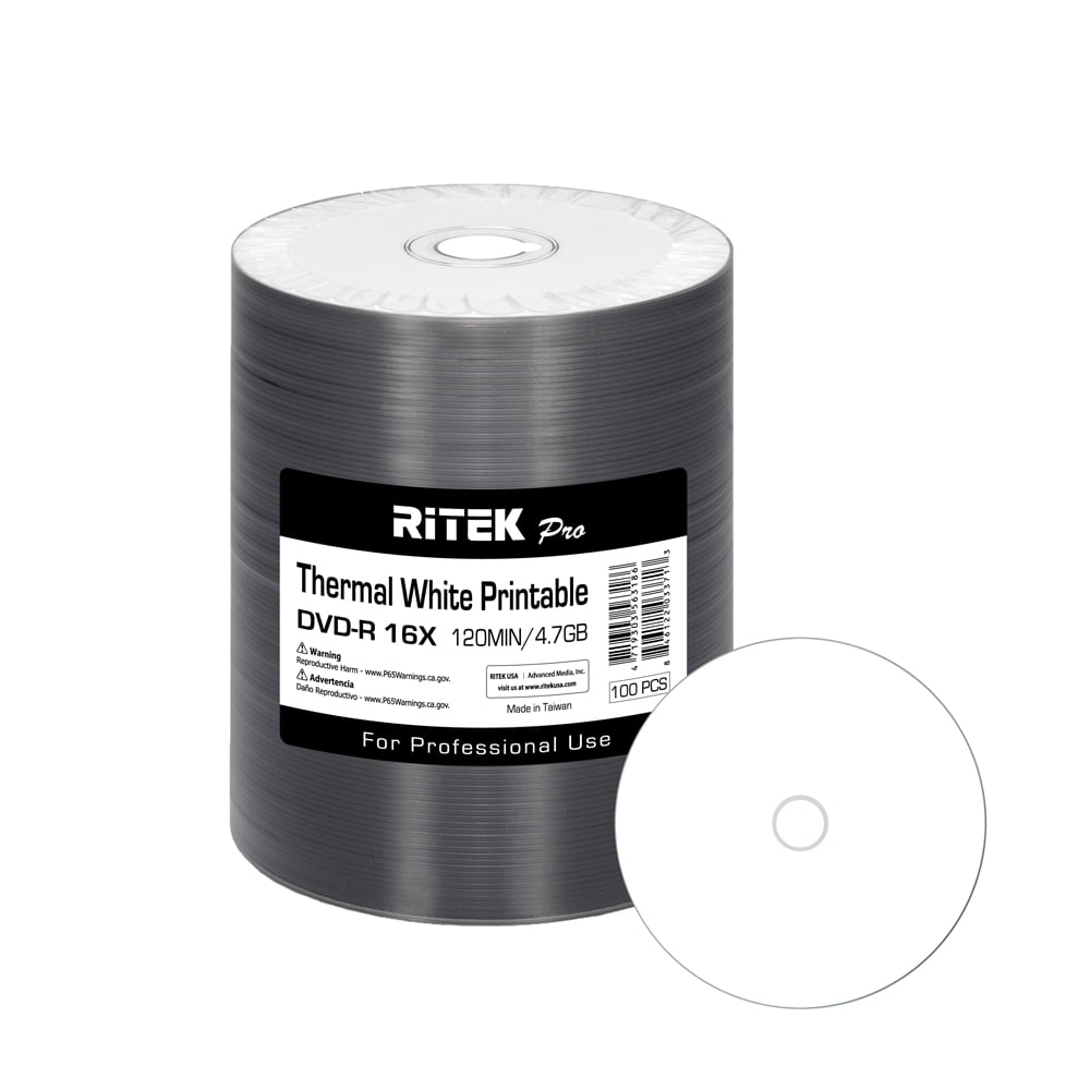 100 Pack Ritek Pro (Professional Grade) DVD-R 16X 4.7GB AZO Dye (MID MXL RG04) White Thermal Hub ...
