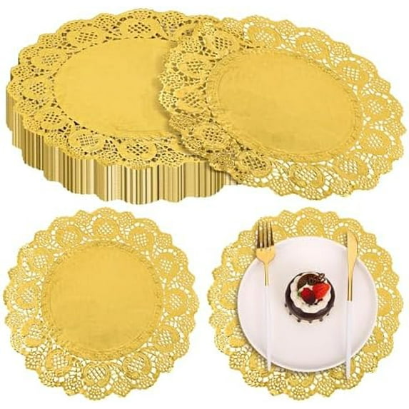 100 Pack Round Gold Paper Doilies 13.5 Inches Lace Place Mats Rustic ...