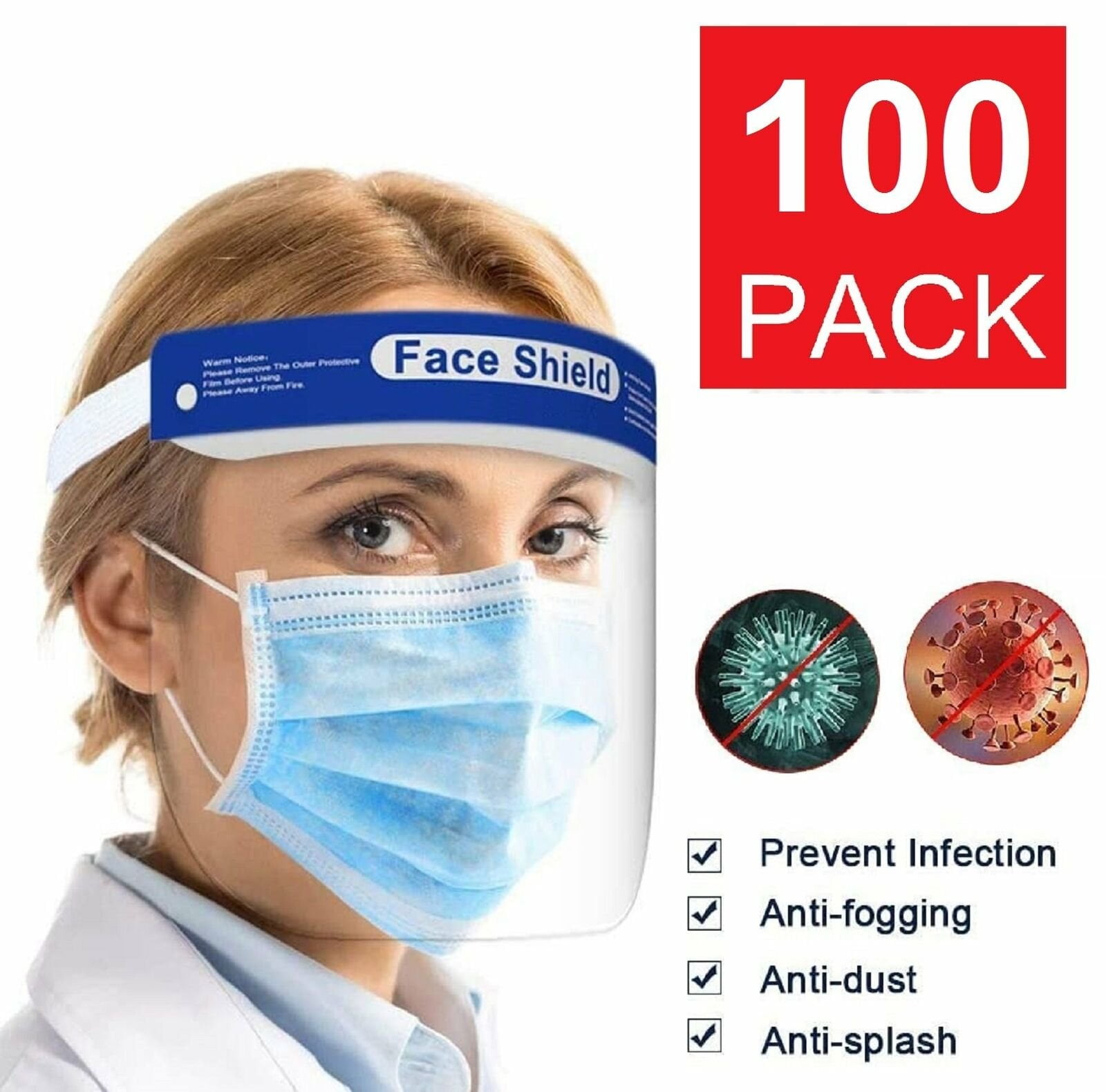 100-Pack Safety Full Face Shield Reusable FaceShield Clear Washable ...