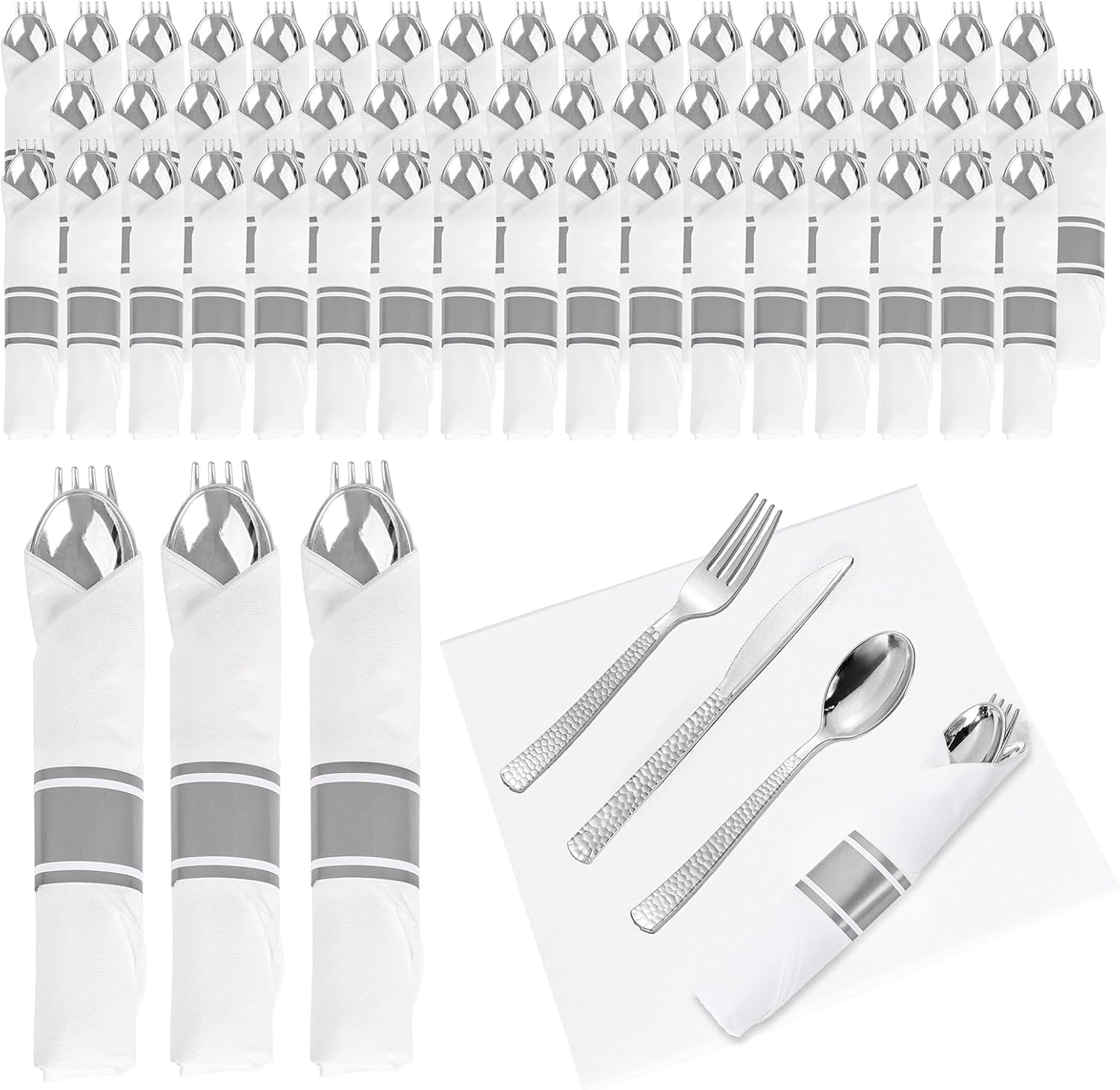 100 Pack Silver Plastic Silverware, Pre Rolled Silverware Kit Single ...